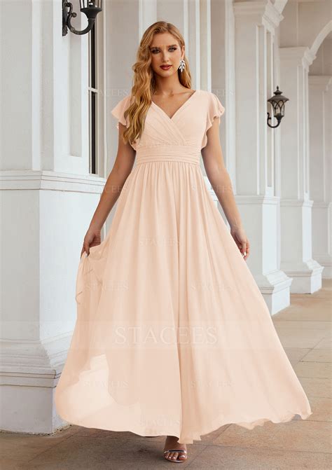 A Line V Neck Chiffon Long Floor Length Bridesmaid Dress With Pleated