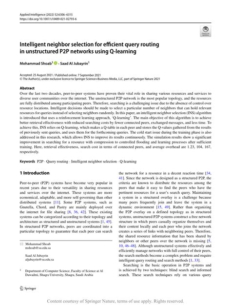 intelligent neighbor selection for efficient query routing in unstructured p2p networks using q