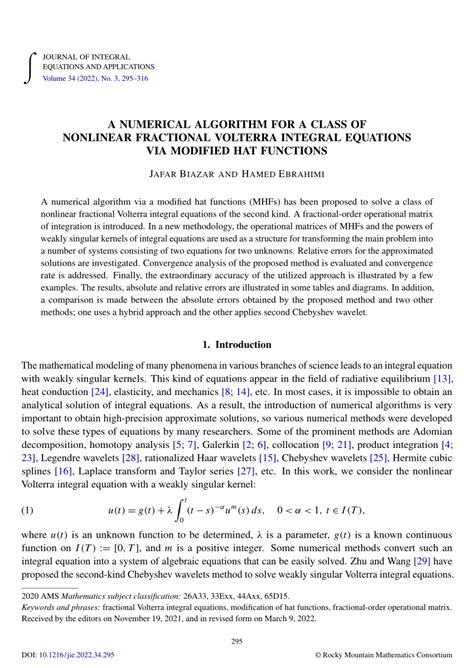 pdf journal of integral equations and applications a numerical algorithm for a class of non