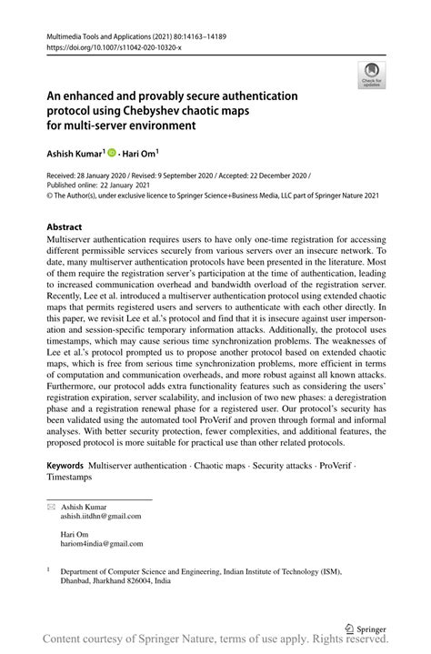 an enhanced and provably secure authentication protocol using chebyshev chaotic maps for multi