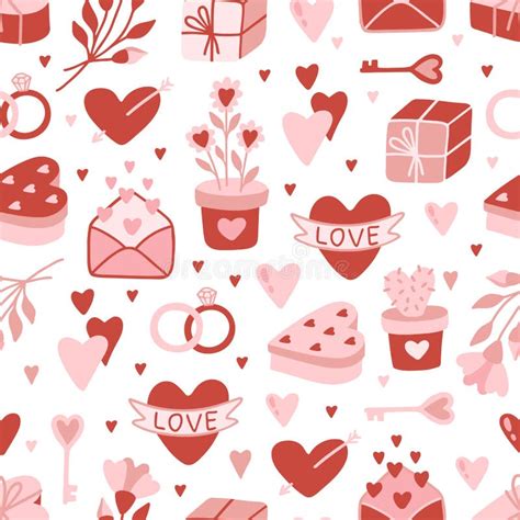 Vector Valentines Day Seamless Pattern With Hand Drawn Love Symbols