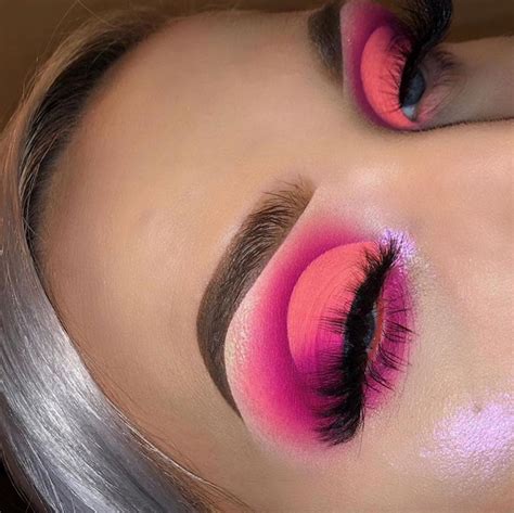 Stunning Neon Pink Cutcrease Eye Shadow Look Burgundy Makeup Red Lip