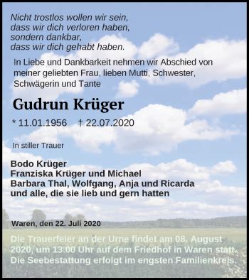 Traueranzeigen Von Gudrun Kr Ger Trauer Nordkurier