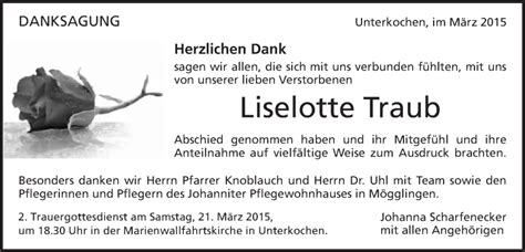 Traueranzeigen Von Liselotte Traub OstalbTrauer