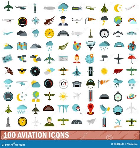 100 Iconos Fijados Estilo Plano De La Aviación Ilustración del Vector