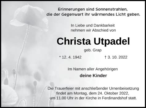 Traueranzeigen Von Christa Utpadel Trauer Nordkurier