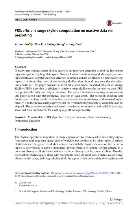prs efficient range skyline computation on massive data via presorting request pdf