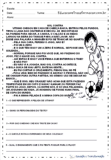 Atividades de Interpretação de Texto Copa do Mundo Gol Contra