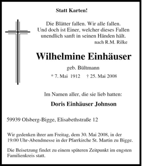 Traueranzeigen von Wilhelmine Einhäuser Trauer in NRW de