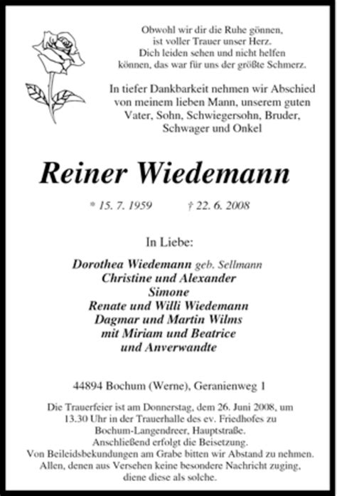 Traueranzeigen Von Reiner Wiedemann Trauer In NRW De