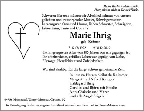 Traueranzeigen Von Marie Ihrig Vrm Trauer De