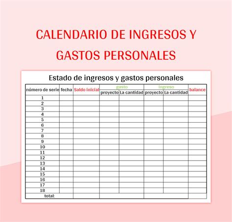Plantilla De Formato Excel Calendario De Ingresos Y Gastos Personales Y