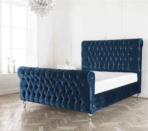 New Stylish Sleigh Chesterfield Upholstered Crushed Velvet Bed 3ft 4ft