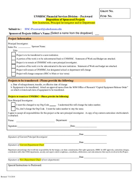 Fillable Online Hsc Unm Transfer Of Project Form Fax Email Print