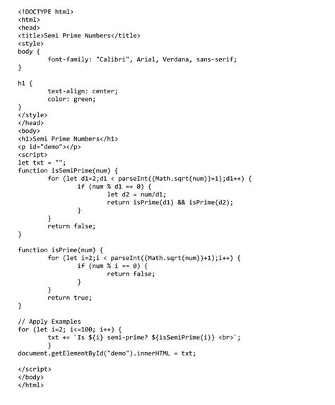 javascript code for semiprime numbers html code for paragraphs css for heading h1 and body