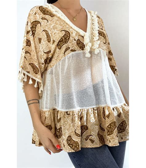 Tunique beige ajourée façon bohème avec pompons et motifs SARL G2TO