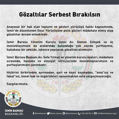 Zmir Barosu Savunmasusturulamaz On Twitter G Zalt Lar Serbest