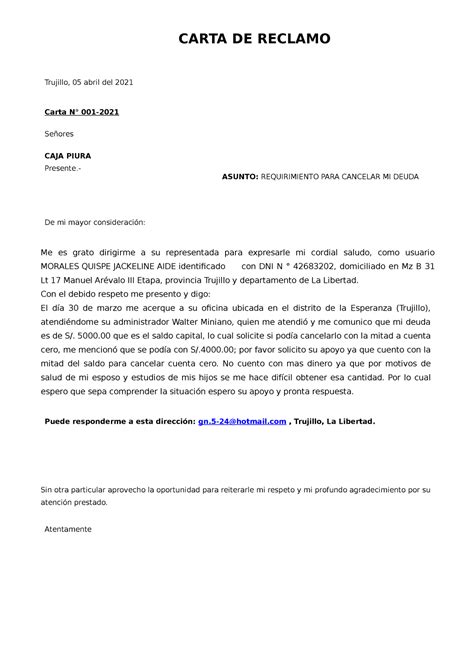 Carta DE Reclamo Para Empresa De Talleres CARTA DE RECLAMO Trujillo