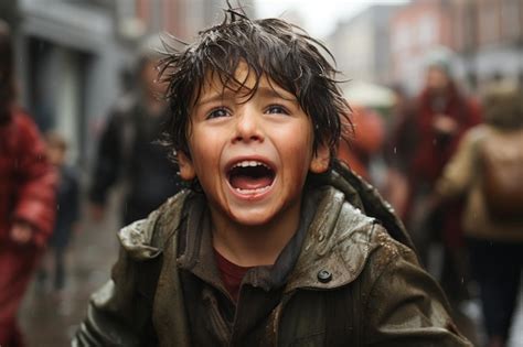 Un niño con la boca abierta bajo la lluvia Imagen Premium generada con IA