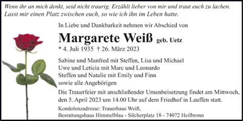 Traueranzeigen von Margarete Weiß trauerundgedenken de