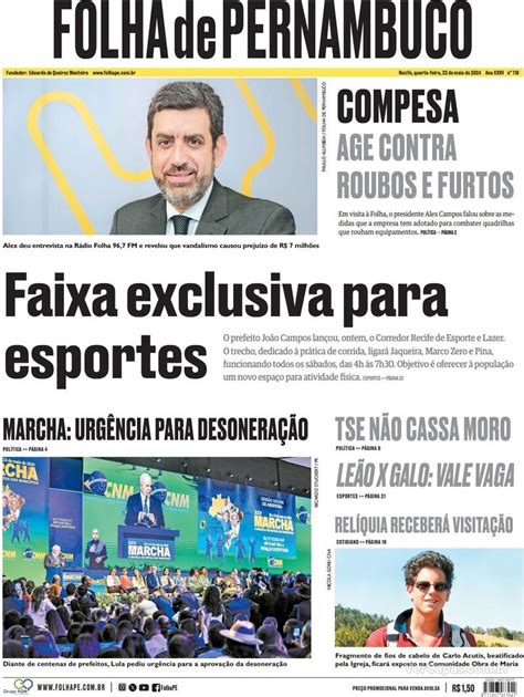 Capa Folha de Pernambuco Edição Quarta 22 de Maio de 2024