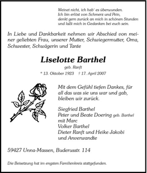 Traueranzeigen Von Liselotte Barthel Trauer In NRW De