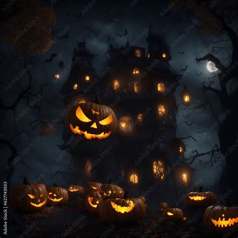 Scary Gothic Castle On Halloween Night Haunted Palace Or Mansion For