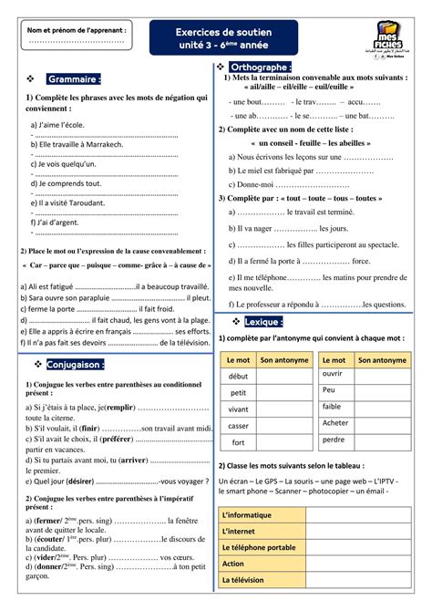 Exercices de soutien et remédiation unité 3 6AEP Grammaire française