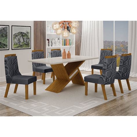 Conjunto Sala De Jantar Mesa Tampo Mdf Vidro E Cadeiras Gata Leifer