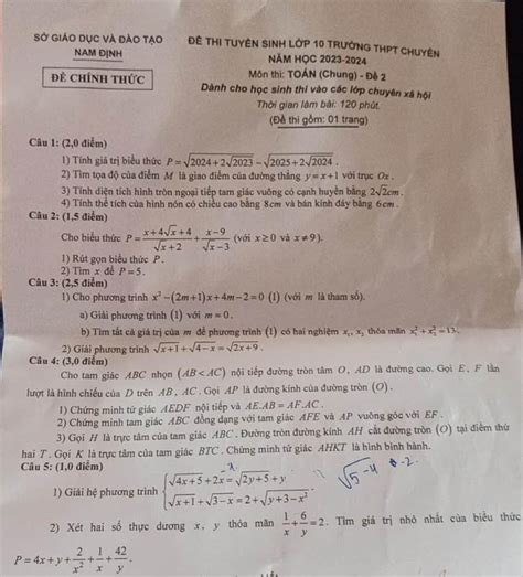 Đề thi đáp án môn Toán thi vào lớp 10 Chuyên Lê Hồng Phong Nam Định