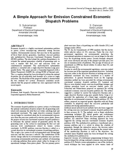 a simple approach for emission constrained economic load dispatch pdf mathematical
