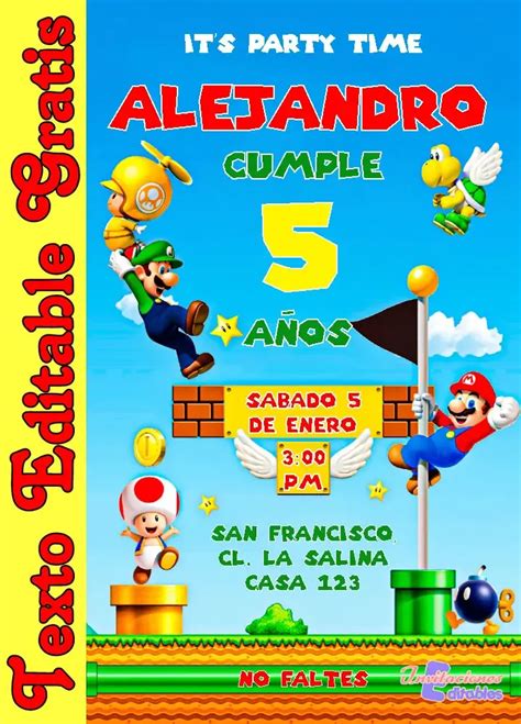 Edita de manera fácil y gratis esta invitación de cumpleaños de Mario