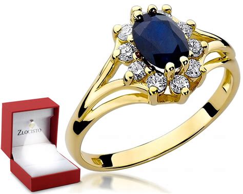 Złoty pierścionek z SZAFIREM I DIAMENTAMI BRYLANTY 11432133974 Allegro pl