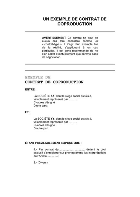 Un Exemple De Contrat De Coproduction DOC PDF Page 1 Sur 5