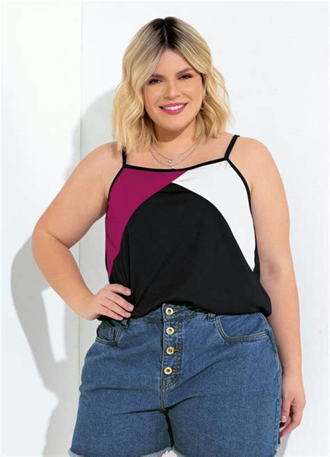 Blusa de Alças Tricolor Recortes Plus Size Marguerite