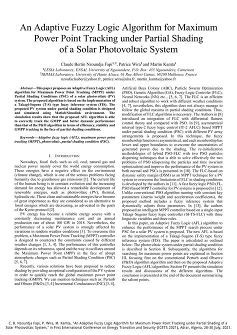 pdf an adaptive fuzzy logic algorithm for maximum power point tracking under partial shading
