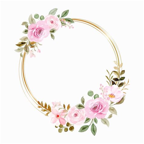 Guirnalda floral rosa acuarela con círculo dorado Vector Gratis