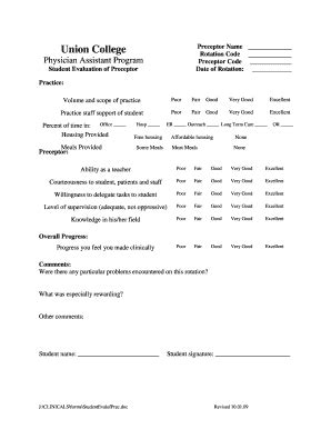Fillable Online Ucollege Student Evaluation Of Preceptor Form Union