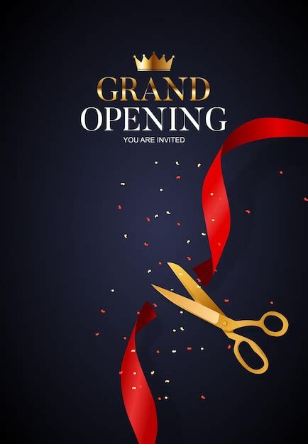 Tarjeta de gran inauguración con cinta y tijeras Vector Premium
