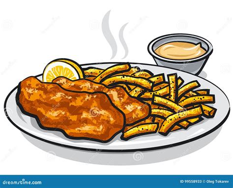 Pescado Frito Con Patatas Fritas Con La Salsa Ilustración del Vector