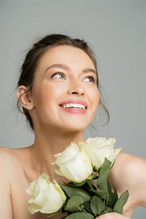 Happy Woman With Naked Shoulders Holding Stock Image Image Of Model