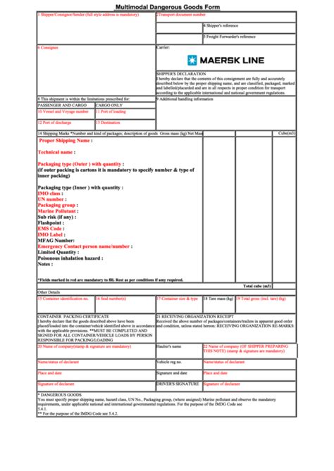 Printable Dangerous Goods Declaration Form