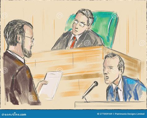 Courtroom Trial Sketch Showing Judge Lawyer Defendant Plaintiff Witness