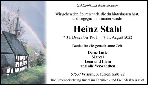 Traueranzeigen Von Heinz Stahl Rz Trauer De