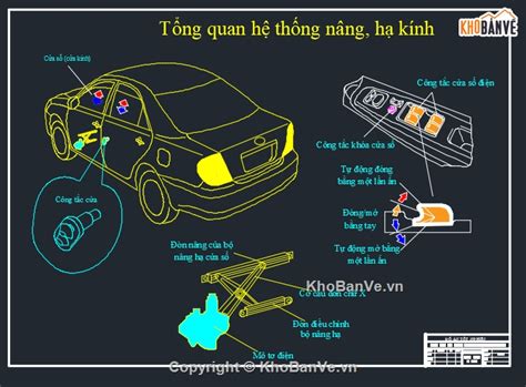 Bản vẽ cad Hệ thống nâng hạ kính trên ô tô