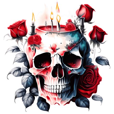Watercolour Gothic Skull With Red Roses And Candles Creative Fabrica