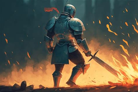Homem De Armadura Segurando Uma Espada Na Frente De Um Fogo Generativo