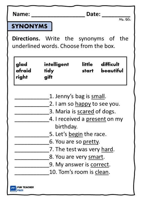 Synonyms Worksheet 1 Fun Teacher Files