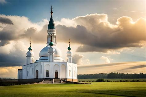 Eine weiße kirche mit grünem dach und bewölktem himmel Premium Foto