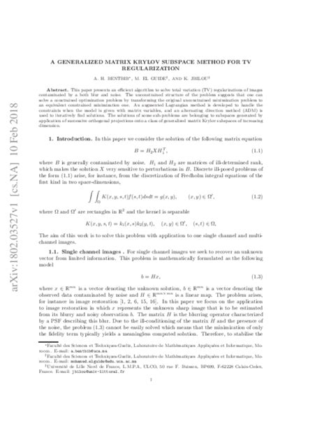 pdf a generalized matrix krylov subspace method for tv regularization abdeslem hafid bentbib